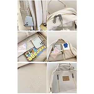 AONUOWE Preppy Backpack with Plushies Cute Backpack for Teen Girls Light Academia Bookbags Solid Aesthetic School Bag (White)