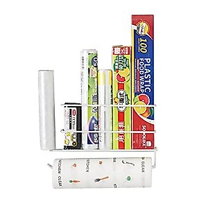 Cabinet Door Wall Mount Wrap Organizer Rack with 2 Rods, No Drilling, Multi-Purpose Kitchen Door Organizer Storage for Cutting Board, Aluminum Foil, Plastic Wrap (White)