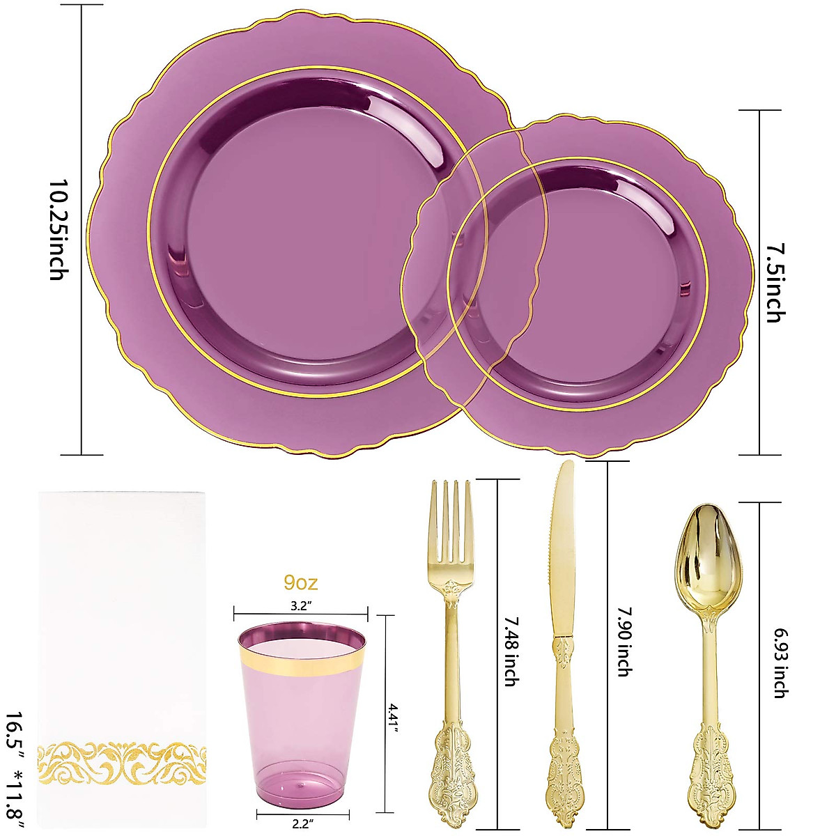 KIRE 210Pcs Purple Plastic Plates with Gold Rim& Silverware &Cups&Hand Napkin- Mardi Gras Plates - Baroque Clear Plastic Dinnerware for Upscale Wedding, Parties, Mothers Day, Easter