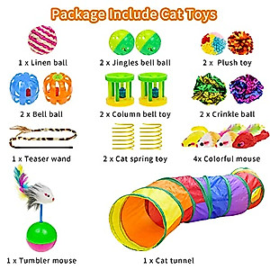 Malier Cat Toys Kitten Toys Set, Collapsible Cat Tunnels for Indoor Cats, Interactive Cat Feather Toy Fluffy Mouse Crinkle Balls Toys for Cat Puppy Kitty Kitten Rabbit (A-Rainbow)