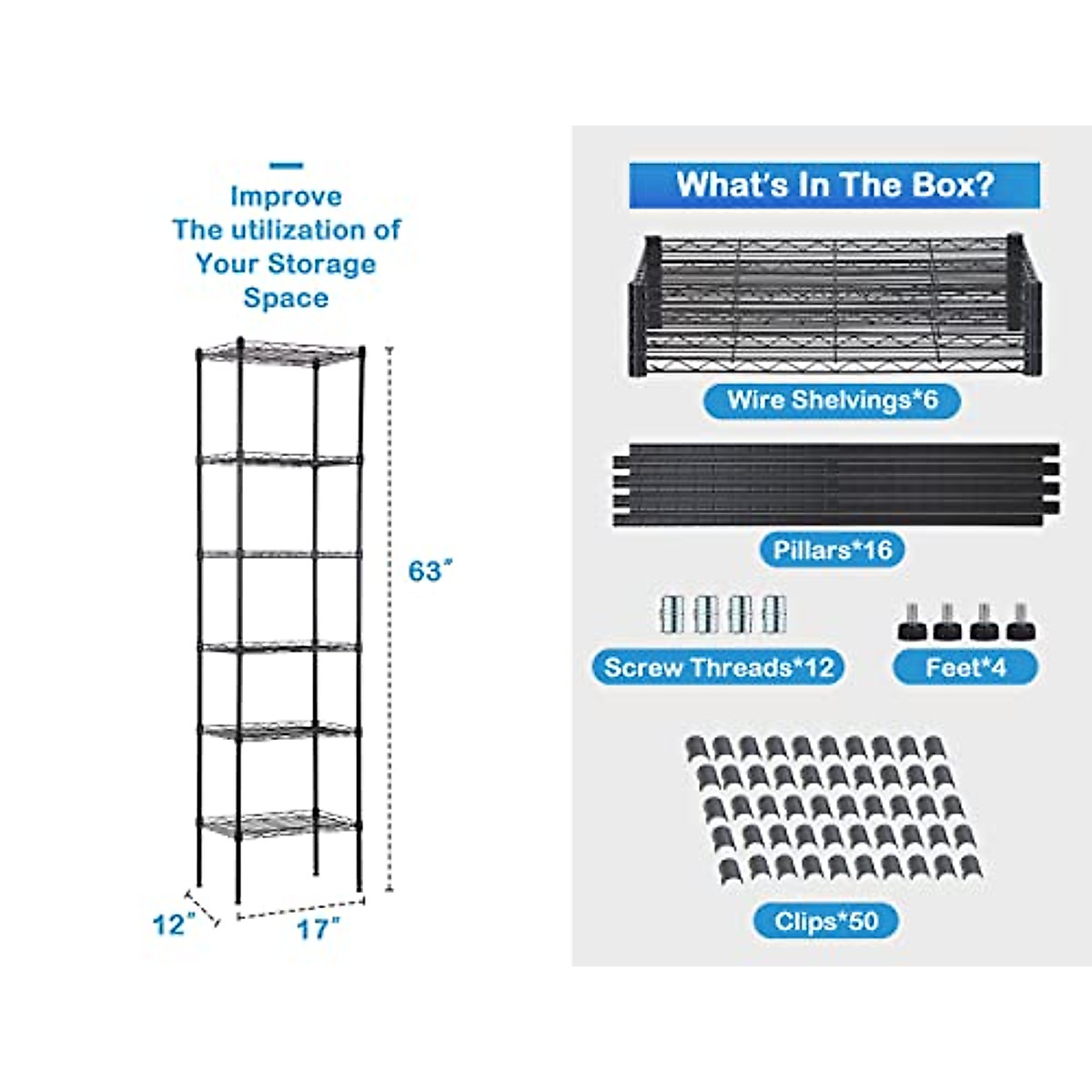 6-Tier Metal Wire Shelving Unit Tall Shelf Storage Rack NSF Certified Storage Shelves 600 Lbs Capacity Standing Utility Shelf for Laundry Kitchen Pantry Garage Organization Snack Shelf