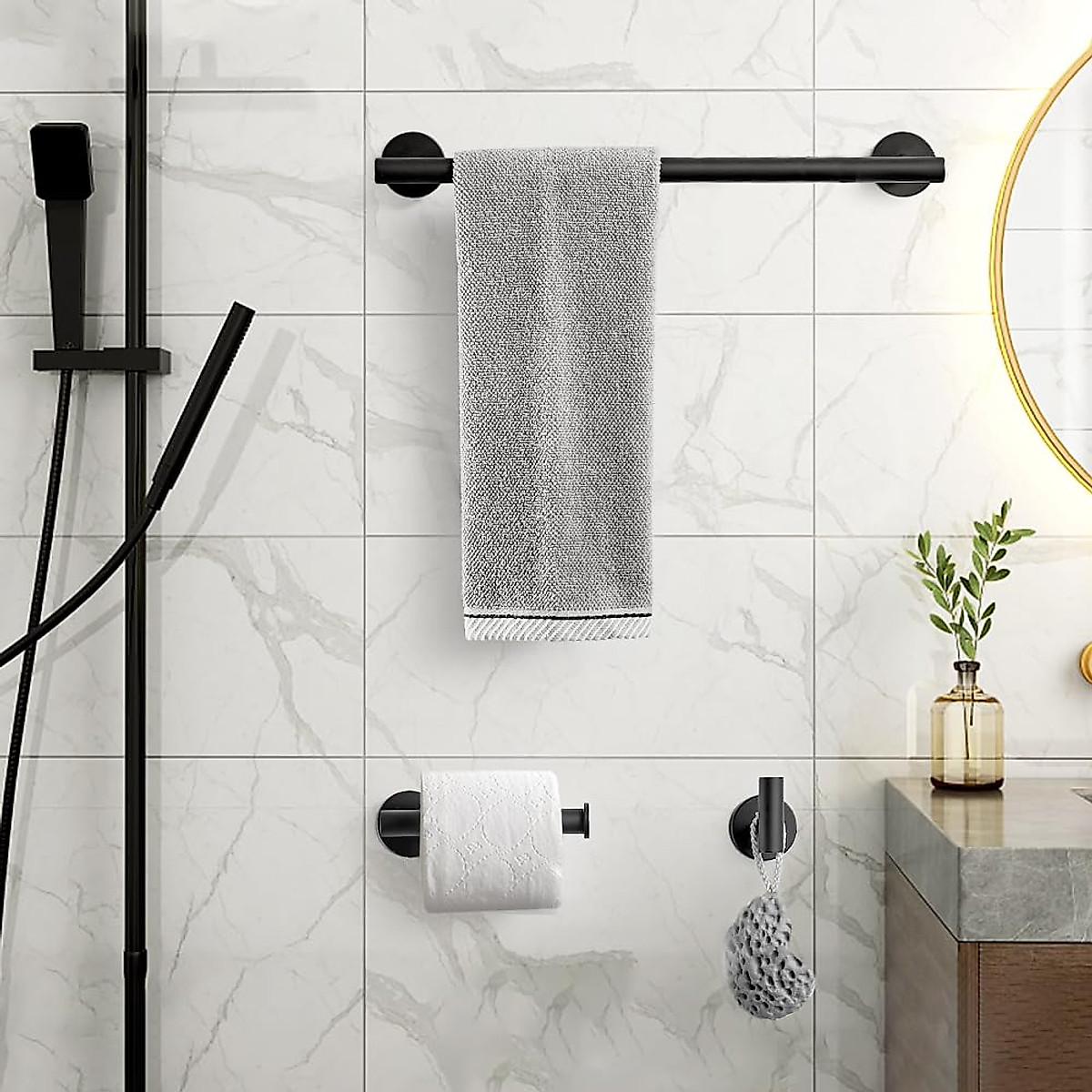 Bathroom Hardware Set, 16" Matte Silver Bathroom Accessory Set, 5 Pieces Hand Towel Bar Set Wall Mounted, Including 16" Hand Towel Bars, Toilet Paper Holders, Robe Towel Hooks Black