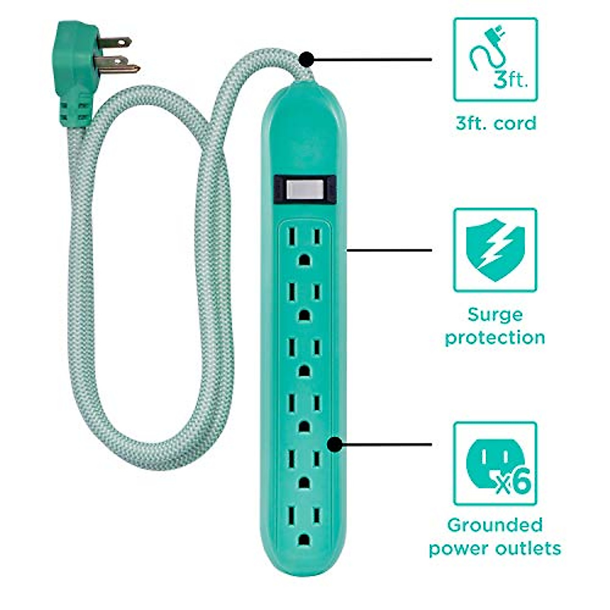 Cordinate 6-Outlet Surge Protector, Power Strip, Flat Plug, Braided Cord, Decorative, 3 ft Power Cord, Wall Mount, Tangle-Free, Warranty, Green, 41640 