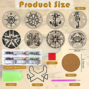 8 PCS Vintage Nautical Diamond Art Coasters Kits with Holder DIY Crab Starfish Compass Diamond Art Coaster Non Slip Coaster for Adults Diamond for Xmas Present