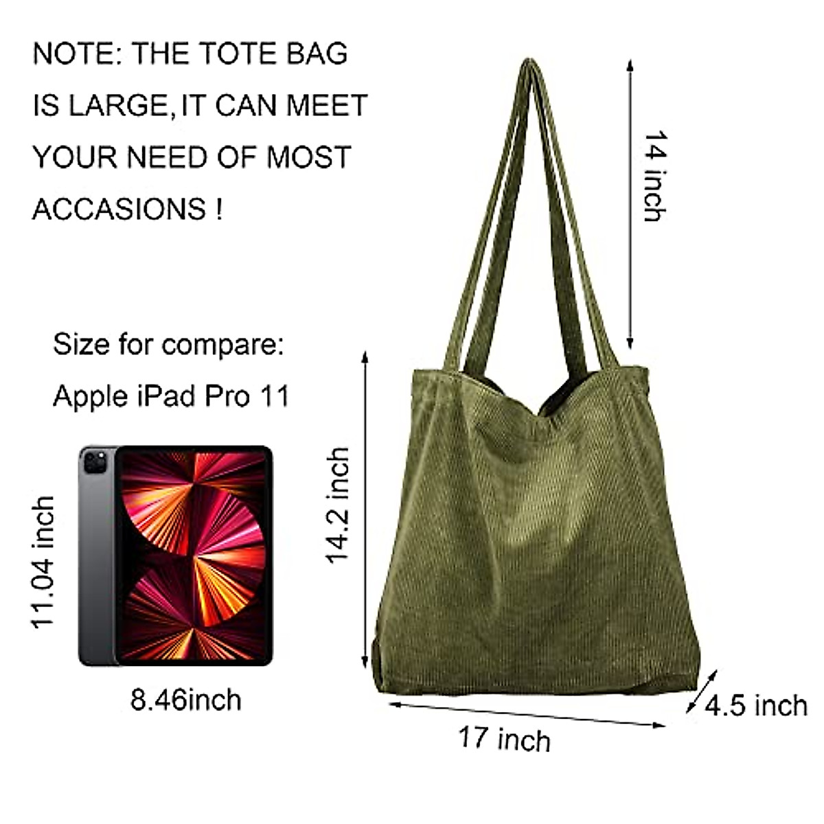 YINUO Women’s Corduroy Tote Bag, Casual Handbags Big Capacity Shoulder Shopping Bag with 2 Pockets