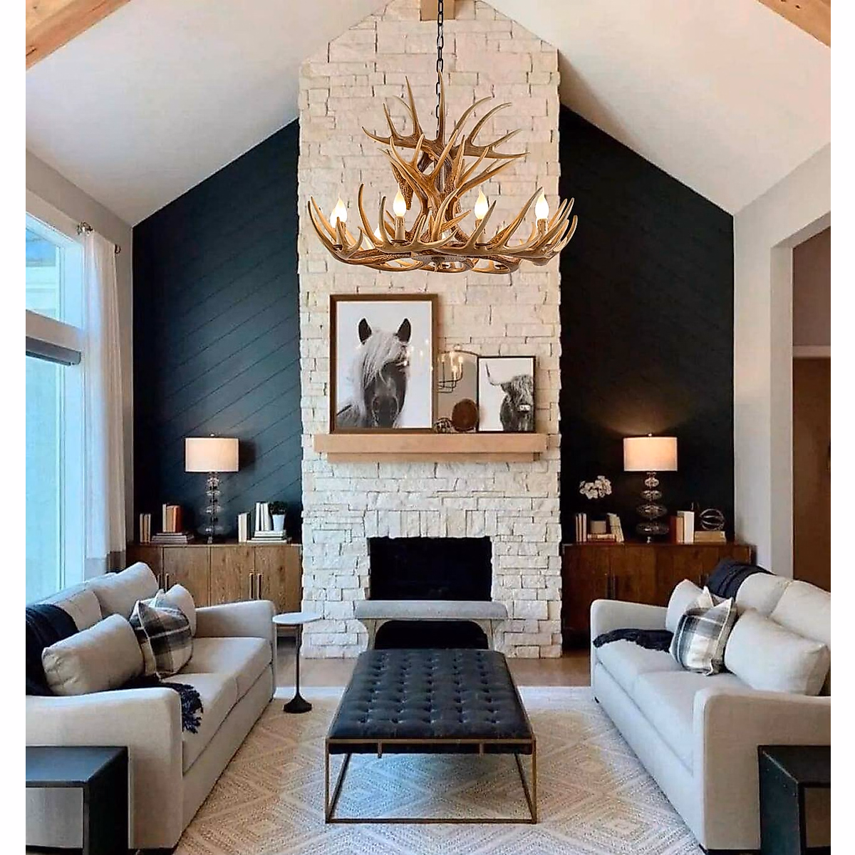 Hubrin Rustic Antler Chandelier 9-Light, Farmhouse Deer Antler Chandelier Lighting, Retro Antler Light Fixtures, Brown E12 for Home Store (9 lamp arms + 6arms)