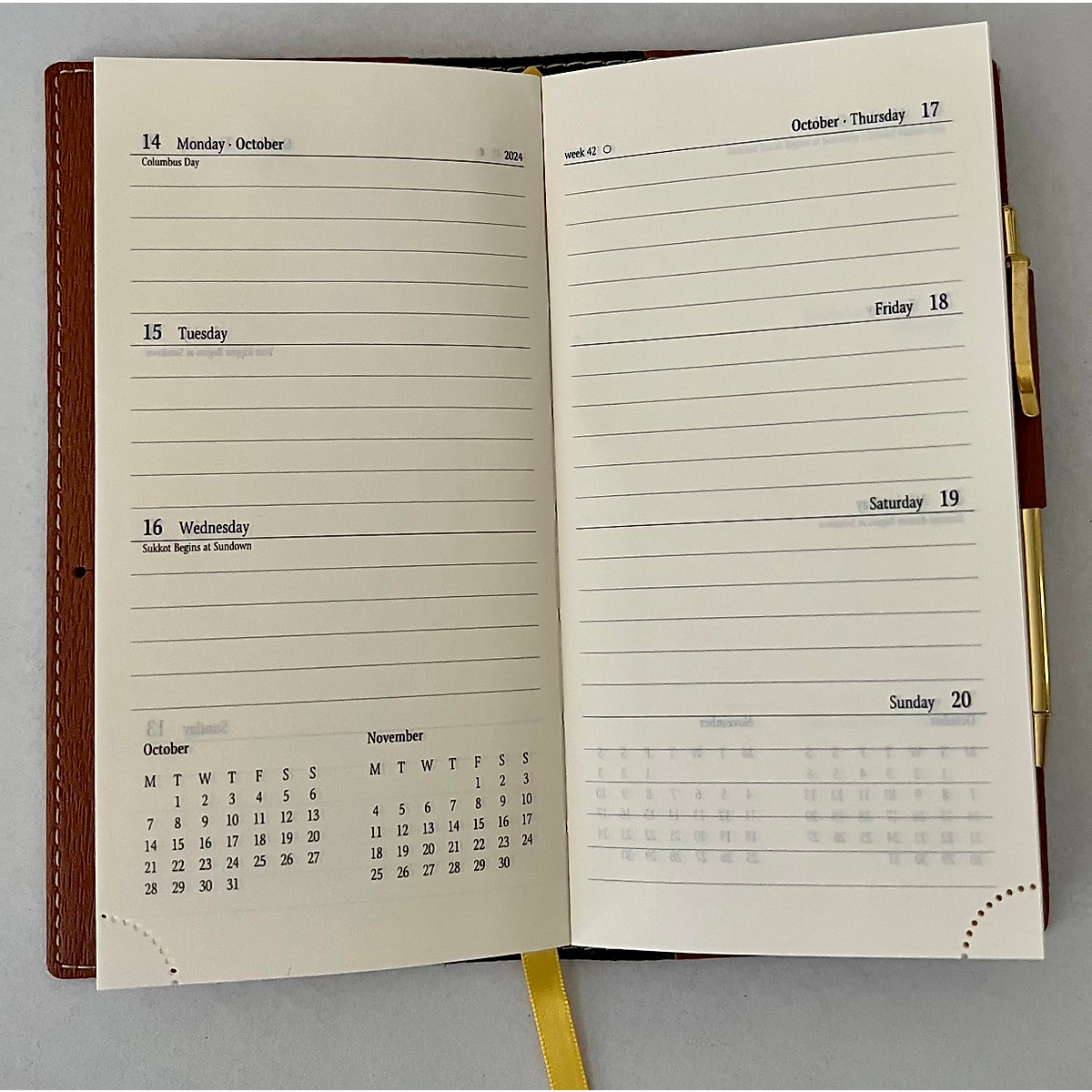 2024 Italian Bonded Leather British TAN Weekly Pocket Planner Engagement Calendar With Pen