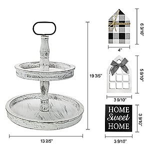 Farmhouse Decor, Two Tiered Tray White with 3 Wood Cute Signs, Wooden Rustic Modern Decorations Items for Home Kitchen Shelf Coffee Bar Table