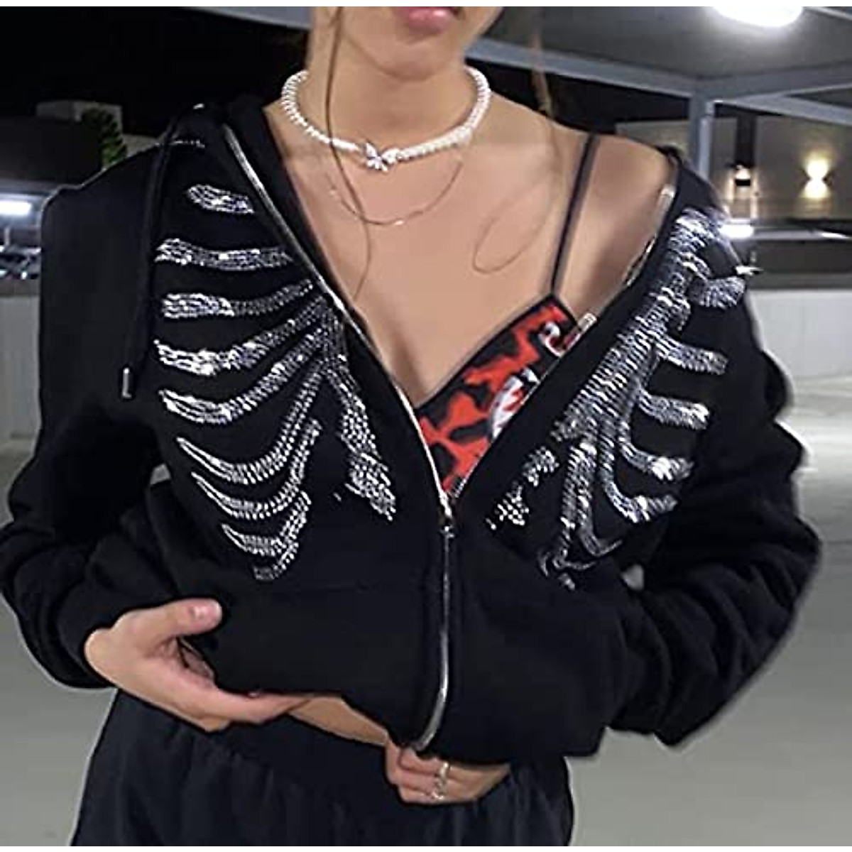 Creaion Rhinestone Graphic Zip Up Hoodies for Women Y2k Oversized Skeleton Print Sweatshirt Jacket E-Girl 90s Pullover Streetwear