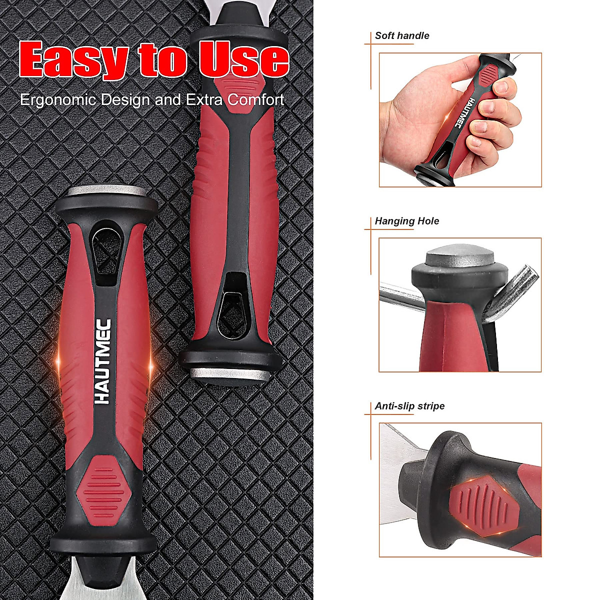 HAUTMEC 2pc Putty Knife Set, 2.5 in Staight and 3 in Offset Scrapers, Heavy Duty Stainless Steel Blade and Hammer End for Removing Wallpaper, Applying Putty, Plaster, Cement HT0061-PT