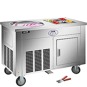 VEVOR Fried Ice Cream Roll Machine, Single Pan Commercial Ice Roll Maker, Stainless Steel Fried Ice Cream Roll Maker w/Refrigerated Cabinet & 6 Boxes, Roll Ice Cream Machine for Bar Cafe Dessert Shop