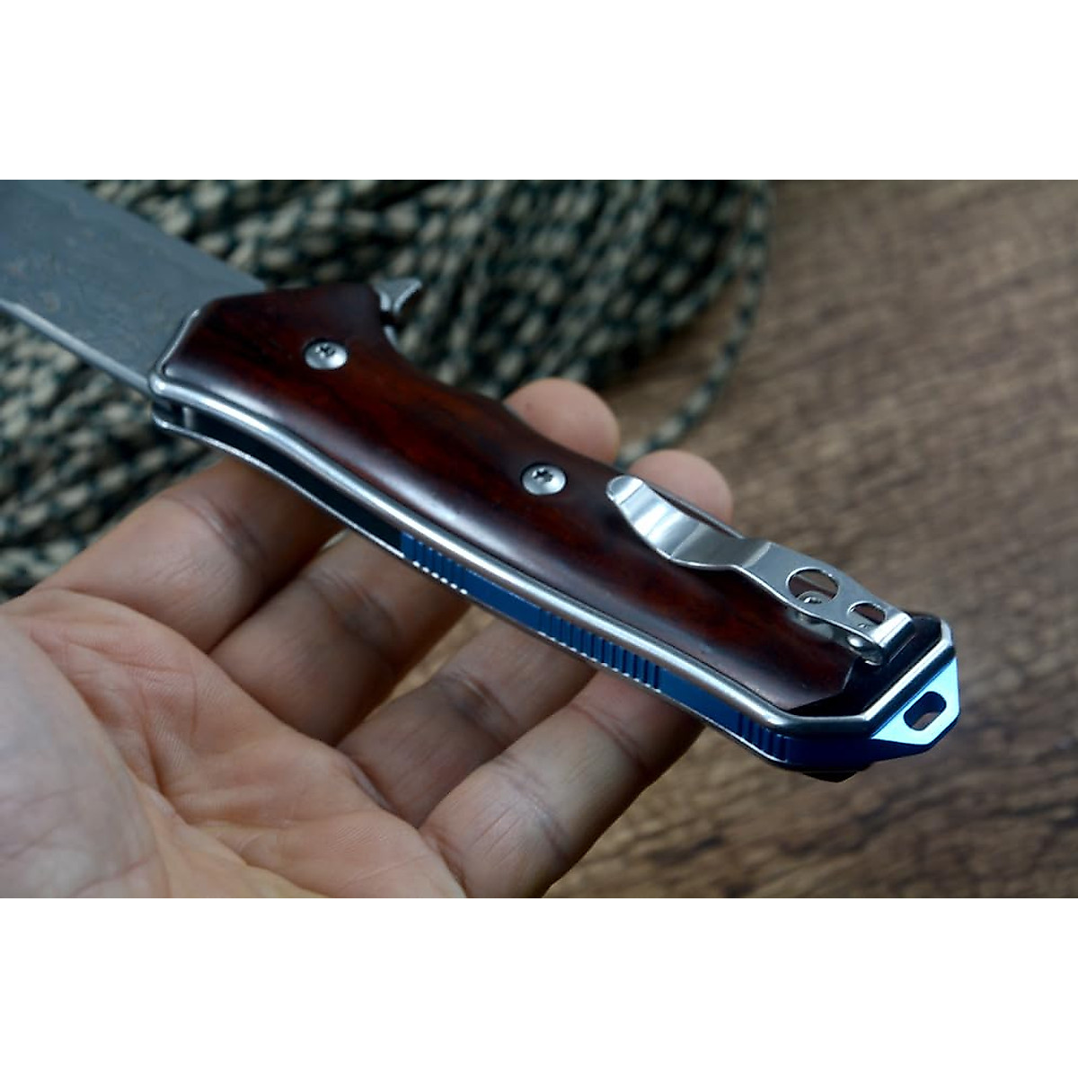 TWO SUN YSTART Damascus Blade Pocket Outdoor Folding Knife Red Ebony Wood Handle