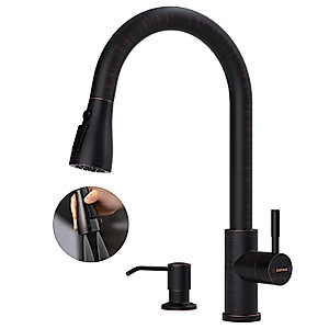 DAYONE Oil Rubbed Bronze Kitchen Faucet and Soap Dispenser, Bronze Kitchen Sink Faucet with Pull Down Sprayer, High Arch Single Handle Sink Faucet for Kitchen