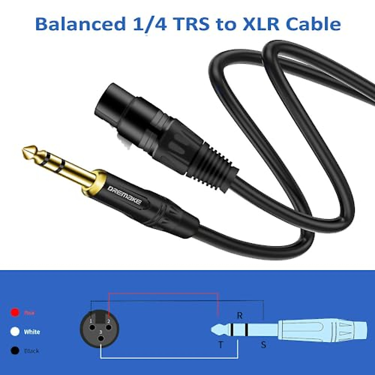 DREMAKE Balanced Cable 20 Foot TRS 6.35mm (1/4 Inch) Male to XLR Female Mic Cable for Amplifier, Speakers - Black