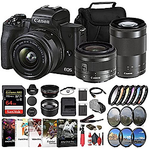 Canon EOS M50 Mark II Mirrorless Camera with 15-45mm and 55-200mm Lenses (Black) (4728C014) + 64GB Card + Color Filter Kit + Filter Kit + Charger + LPE12 Battery + Wide Angle Lens + More (Renewed)