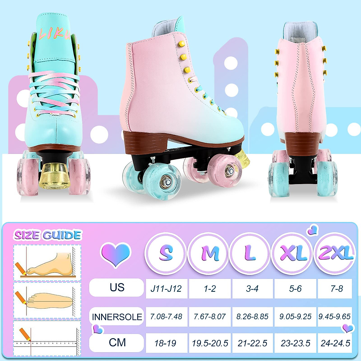 LIKU Quad Roller Skates for Girl and Women with All Wheel Light Up,Indoor/Outdoor Lace-Up Fun Illuminating Roller Skate for Kid (Pink&Blue, 7-8)