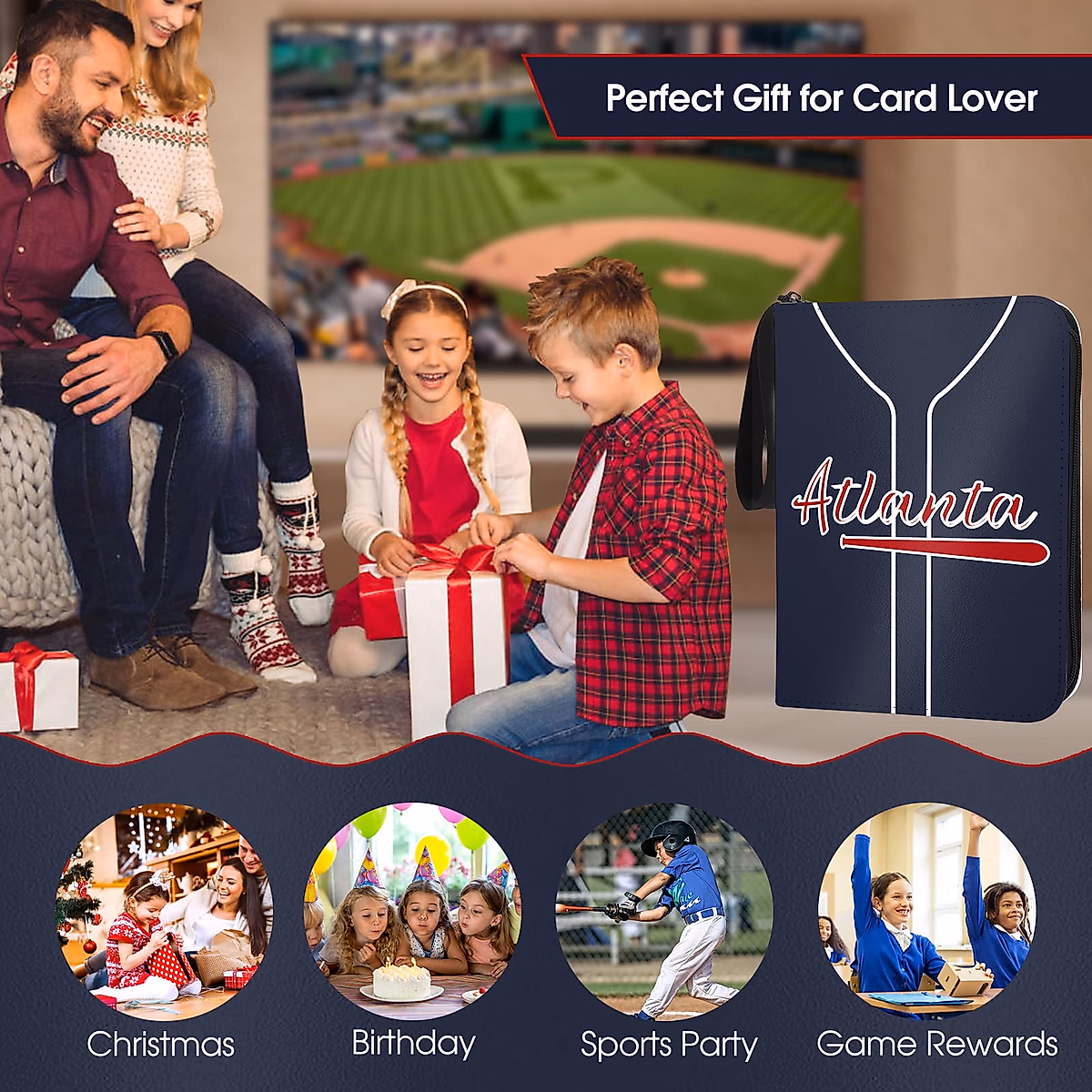 KivolFun Baseball Card Binder with Sleeves, 400 Pocket, Atlanta Navy, 3 Ring Binder Storage Book Folder Organizer for Kids Gift