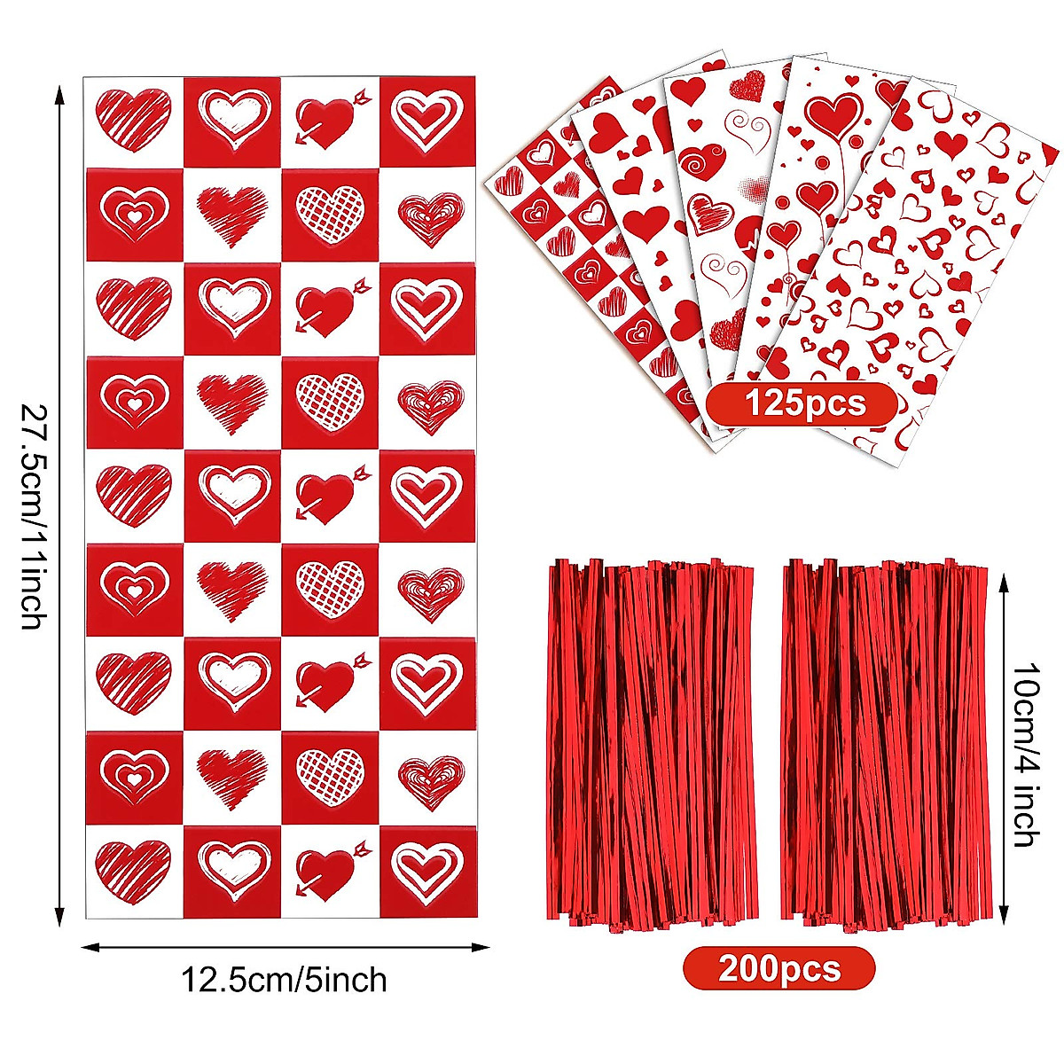 Zonon 125 Pieces Valentine Candy Bags Valentine Cellophane Bags Valentines Favor Treat Goodies Bags with 200 Pieces Twist Ties for Valentine Party Supplies
