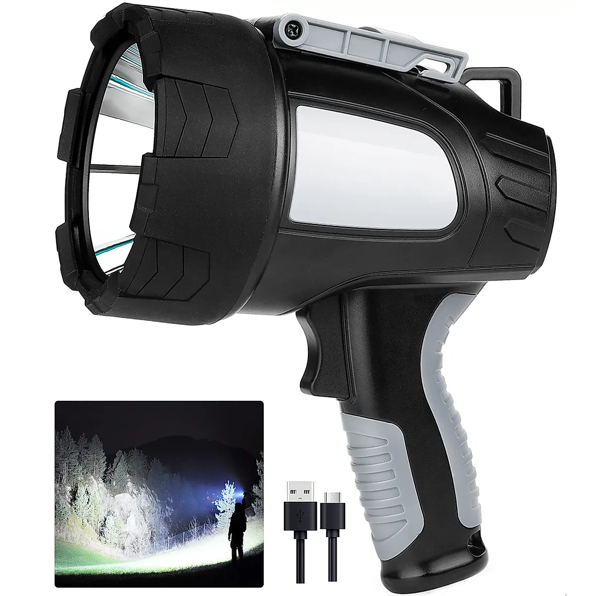 LBE Rechargeable Spotlight Outdoor,1000,000 Lumens Led Spotlight Flashlight with Cob Light and Foldable Tripod, 6 Modes Waterproof Handheld Spot Light for Outdoor Marine Boating Hunting