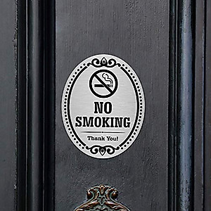 SmartSign Premium No Smoking Thank You Sign for Business & Home, 10 Year Warranty | 4" x 5" Aluminum Metal with Adhesive Backing/Sticker, Peel-Off or Use Pre-Punched Holes, Silver Black