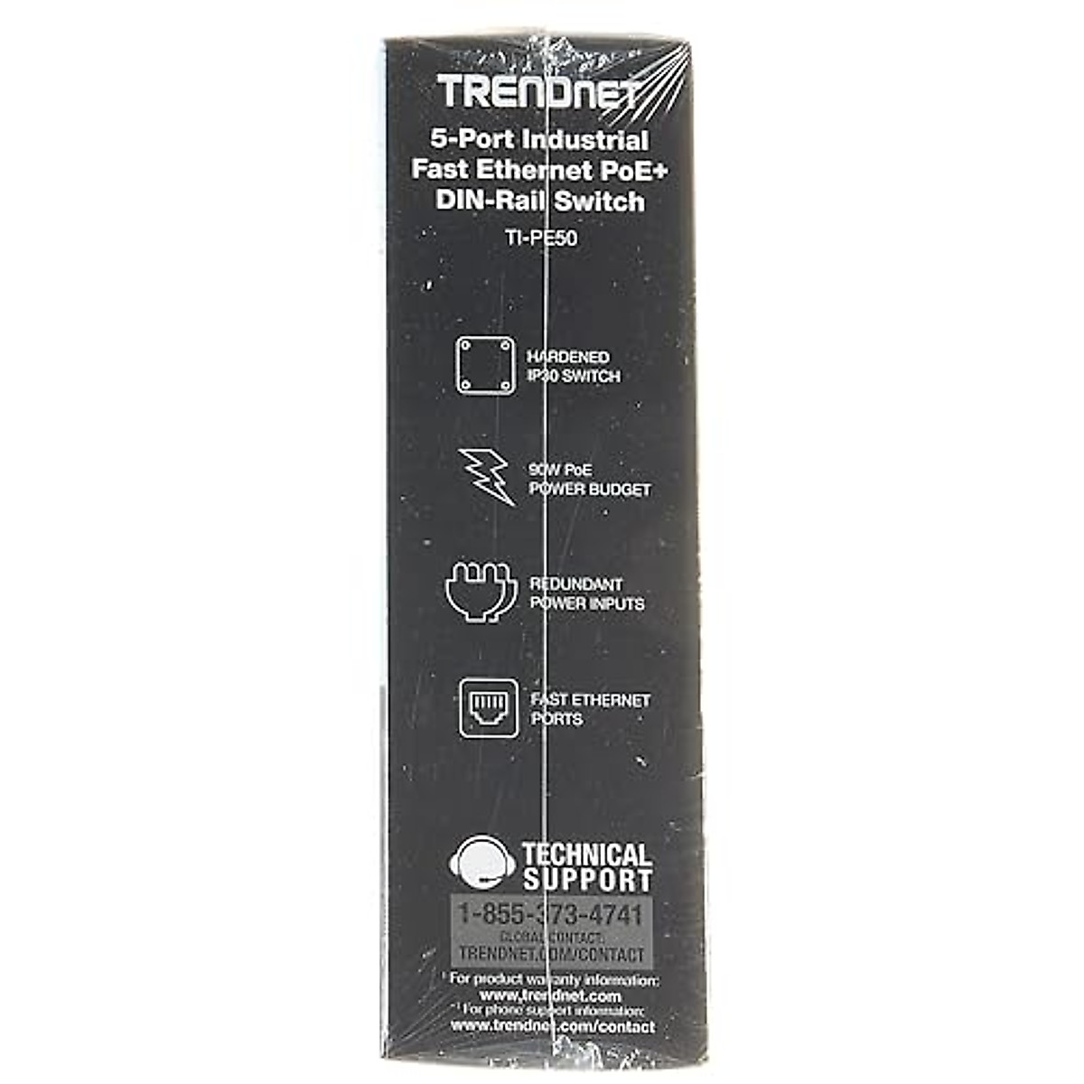 TRENDnet 5-Port Industrial Fast Ethernet DIN-Rail Switch, 4 x Fast Ethernet PoE+ Ports, 1 x Fast Ethernet Port, 90W PoE Power Budget, DIN-Rail, IP30 Rated, Lifetime Protection, Black, TI-PE50