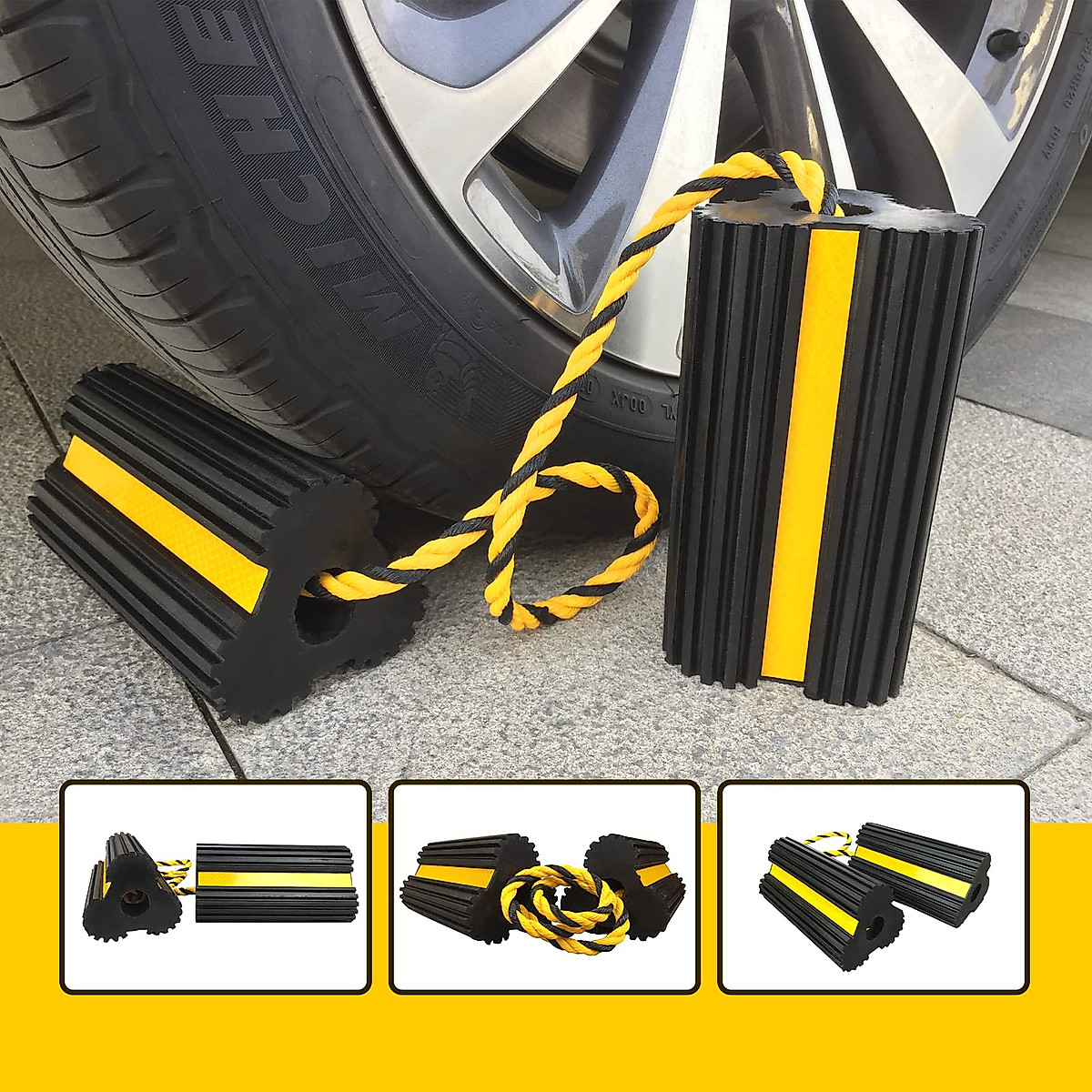 HOXWELL Heavy Duty Rubber Dual Wheel Chocks, RV Non Slip Wheel Stoppers with Nylon Rope Yellow Reflective Tape, Wheel Block for Travel Trailers, Aircraft, Car, Camper, Truck 1 Pair