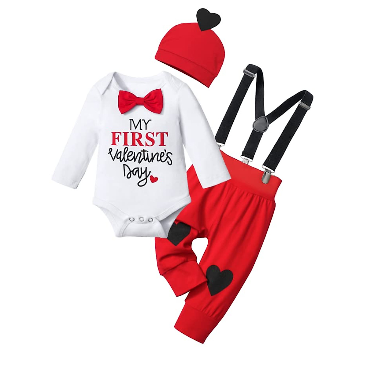 Baby Boy Valentines Day Outfit, Cute Letter Printed Long Sleeve Romper with Bow Tie + Pants + Hat 3Pcs Set