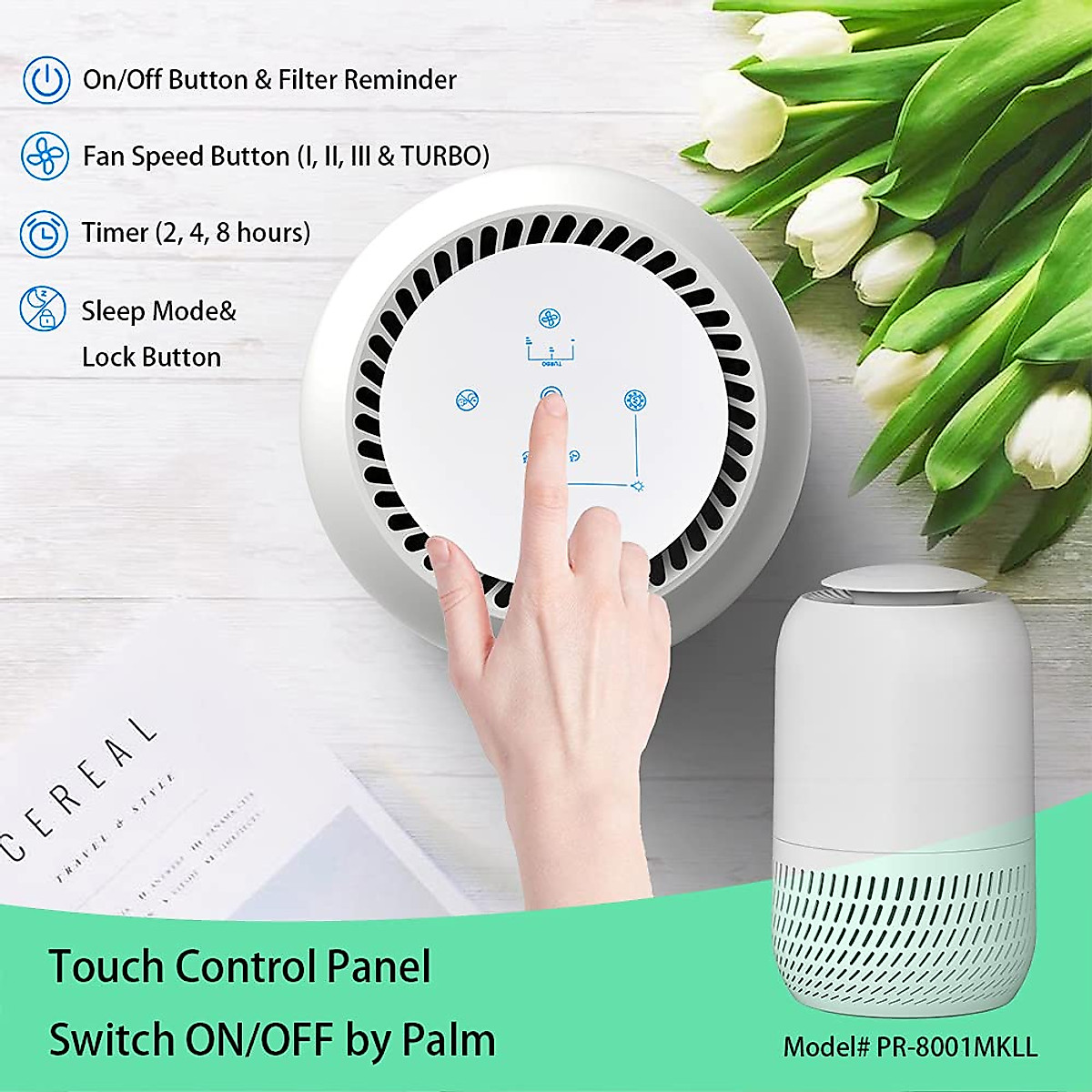 Oppetec Air Purifier for Home, H13 HEPA Air Cleaner with Sleep Mode Night Light Speed Control for Bedroom Office Living Room Kitchen-White Color