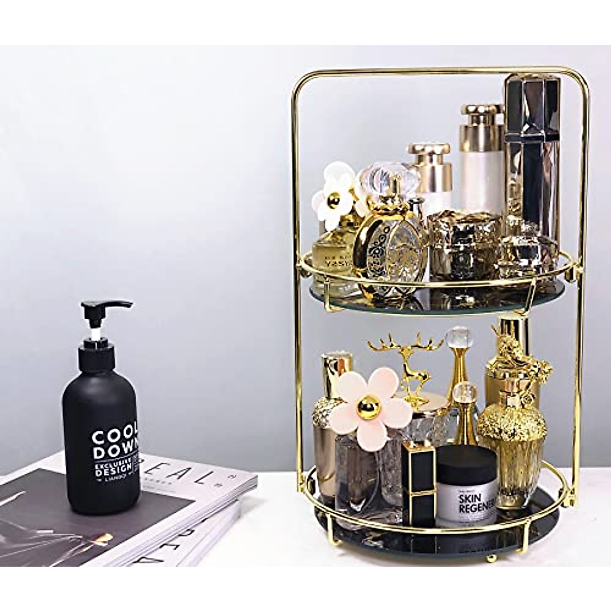 Z PLINRISE Makeup Organizer, 2 Tier Bathroom Cosmetic Storage Shelf for Dresser and Countertop, Decorative Round Vanity Organizer Basket with Marbling Glass Tray, Gold