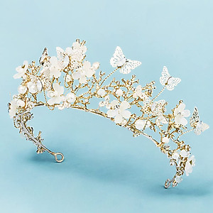 Butterfly Flower Tiara Bride Crown For Women Rhinestone Pearl Tiara For Girls Bridesmaid Fairy Crown Headband Wedding Birthday Party Jewelry Hair Accessories(Gold）