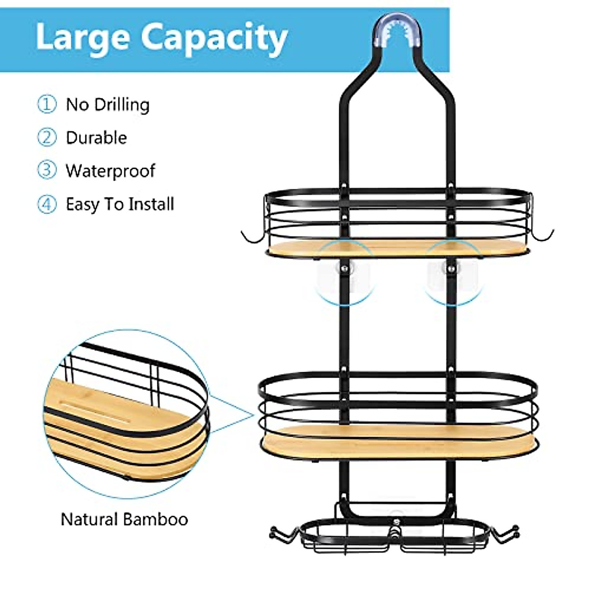 Fogein Bathroom Hanging Shower Caddy Over Shower Head Organizer, Rustproof Shower Organizer with Bamboo Board Hook & Soap Box, Over the Shower Head Caddy, Black