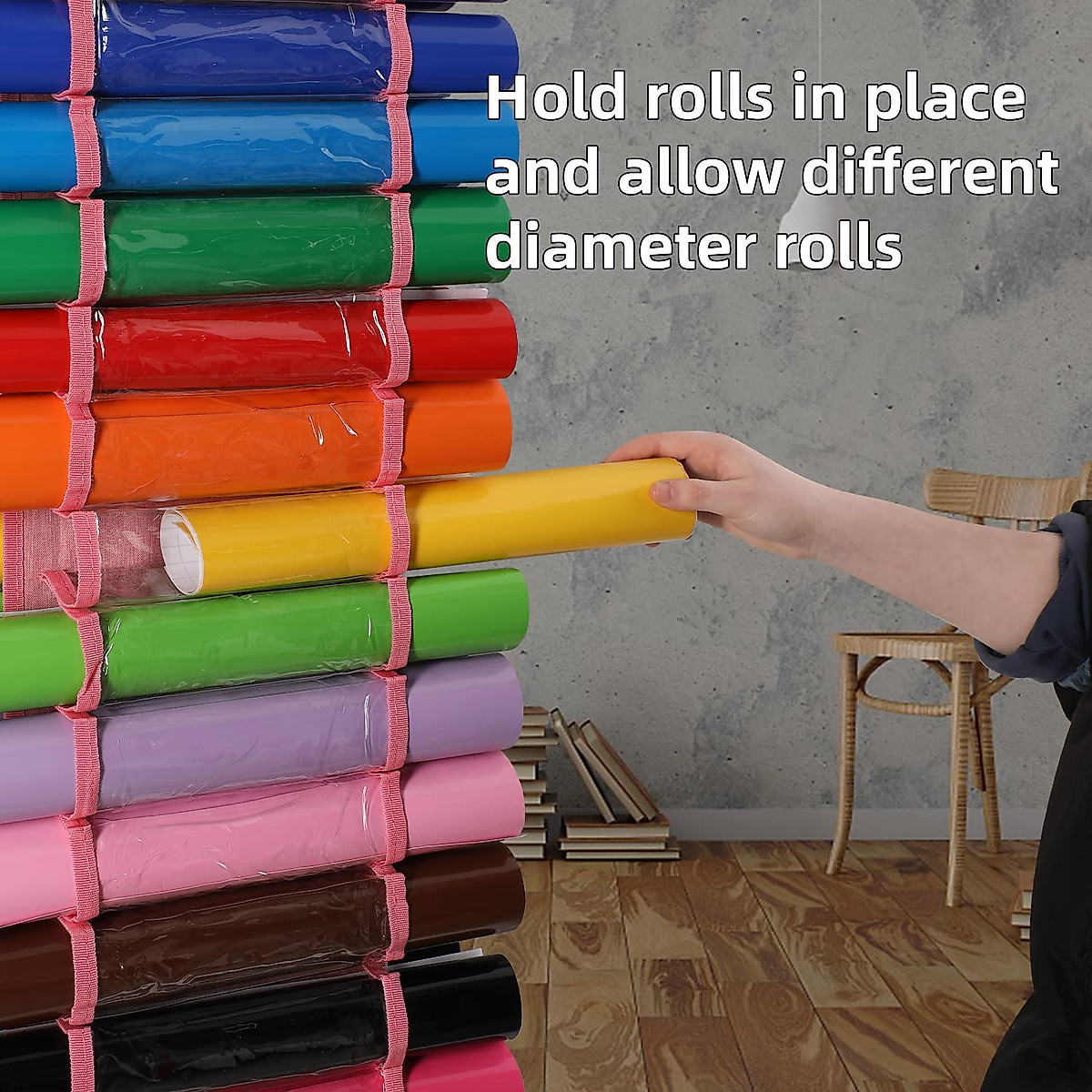 AGX Bravo Vinyl Roll Holder with 48 Compartments - Clear Vinyl Storage Organizer Wall Mount/Over The Door, Hanging Craft Vinyl Storage Rack with Door Hooks and Strap (pink)