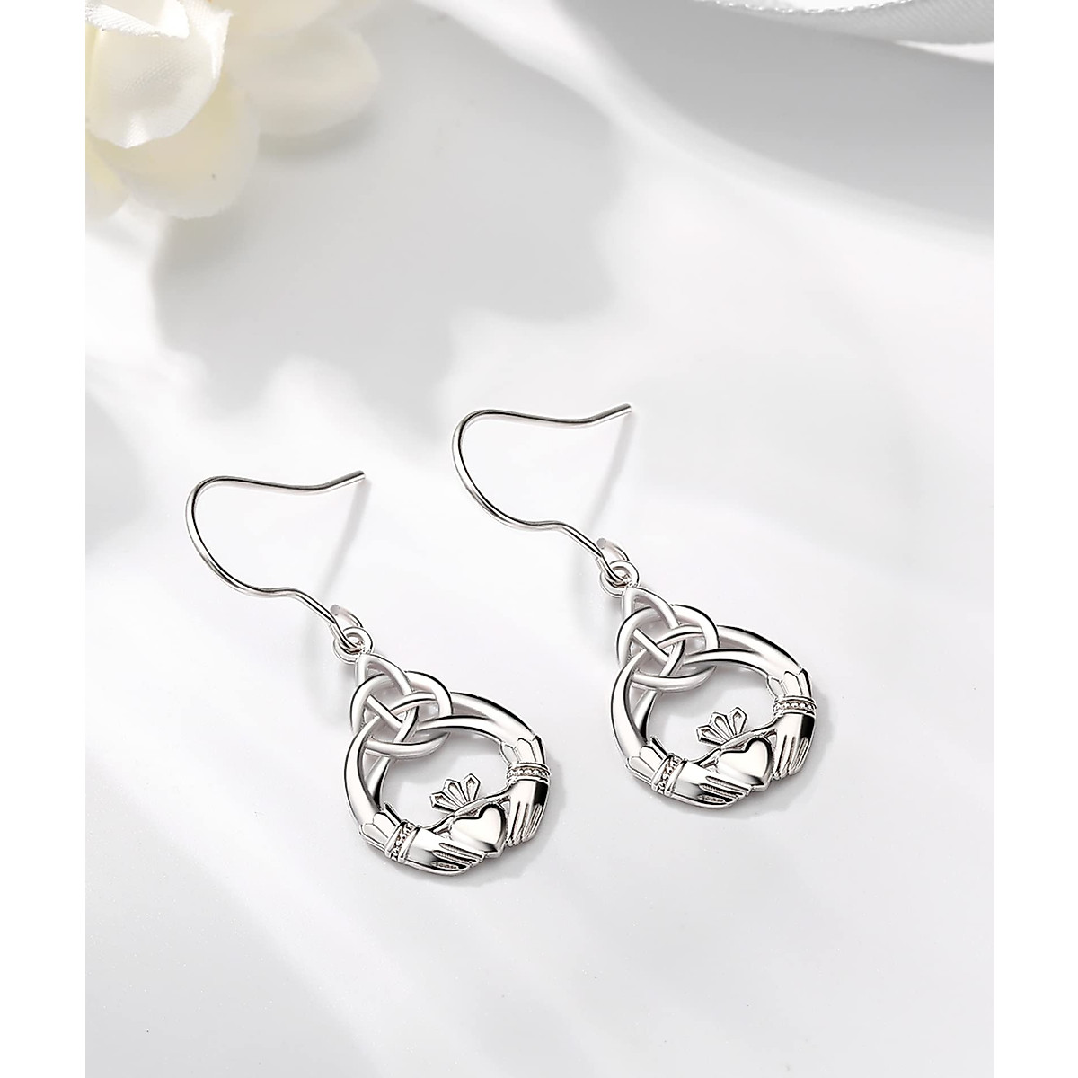 INFUSEU Claddagh Celtic Dangle Earrings for Women Sterling Silver Irish Trinity Knot Drop Earrings Charm Jewelry