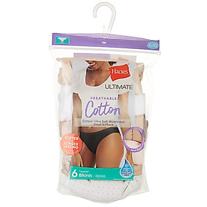 Hanes Ultimate Women's 6-Pack Breathable Cotton Bikini Panty, Soft Taupe, White, Nude, Light Buff, Nude Heather, Sugar Flower Sweet Dot, 6