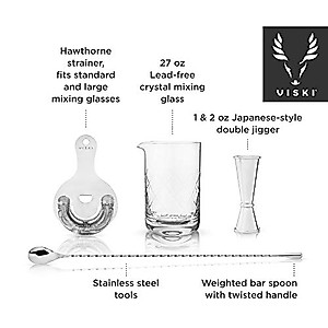 Viski Stainless Steel Bartender Set 4pcs Kit, Drink Mixers for Cocktails Gift Essentials: Mixing Glass, Hawthorne Strainer, Double Jigger and Barspoon, Silver