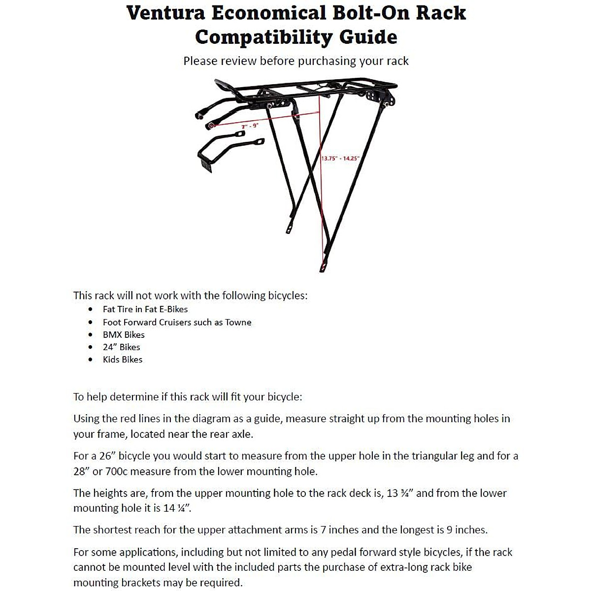 Ventura Economical Bolt-On Bicycle Carrier Rack, Adjustable Fit for 26"/28"/700c, Steel , Black