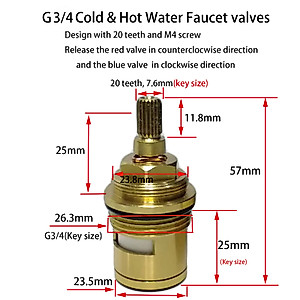 Ceramic Stem Brass Ceramic Stem Disc Cartridge G3/4"Faucet Valve Replacement for Bathroom Kitchen Tap (2 Packs, Cold & Hot) (Height 57MM)