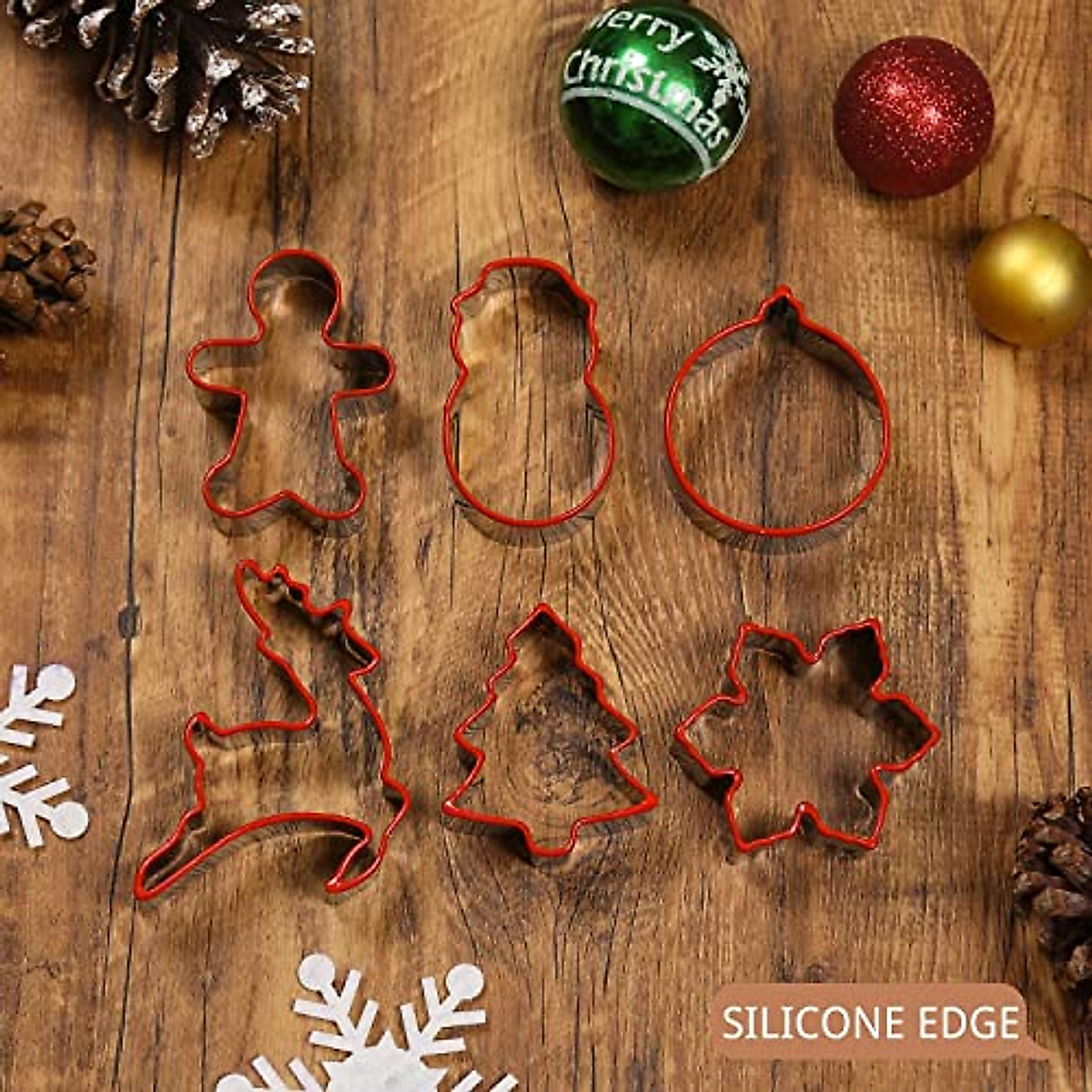 Crethinkaty Christmas Cookie Cutter Set for Baking,Stainless Steel Biscuit Cutters with Comfort Grip,6 Pieces Fondant Cutters-Gingerbread Man,Snowflake,Snowman,Christmas Tree,Reindeer,Lantern