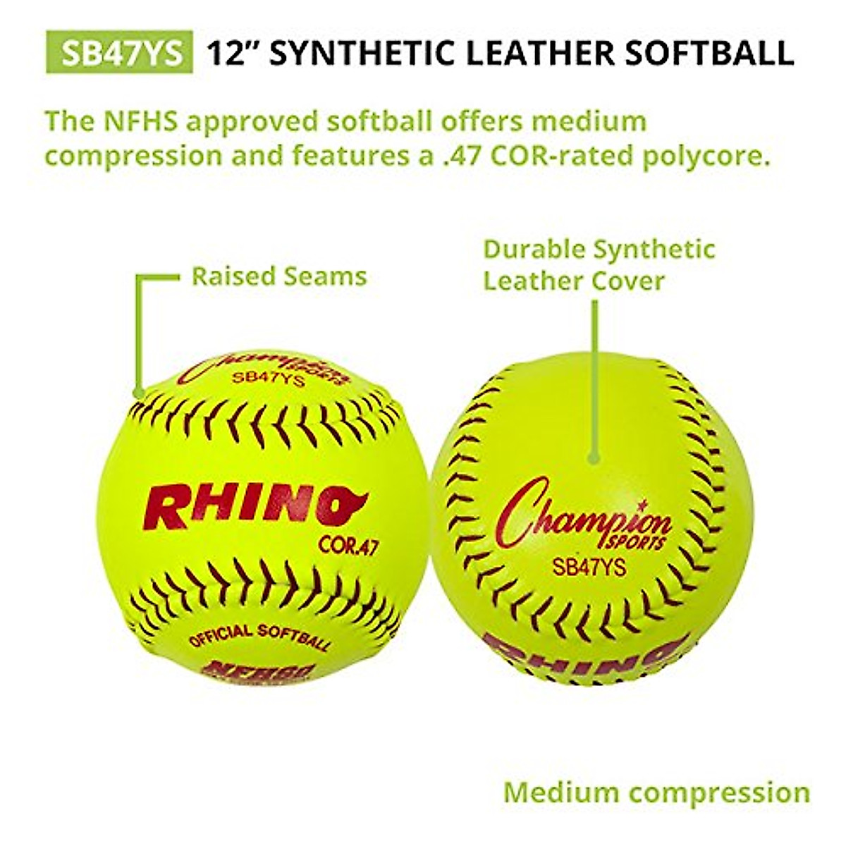 Champion Sports 12" Syntex Leather Cover Softballs - Poly Core - Medium Compression - NFHS Approved - Raised Seams - Optic Yellow - Pack of 12
