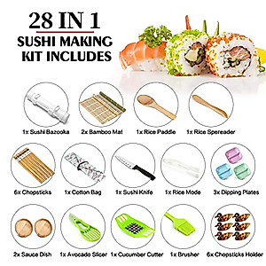 Sushi Making Kit, 28 Pcs Sushi Bazooka Maker with Bamboo Rolling Mat, Chopsticks, Paddle, Spreader, Sushi Knife for Sushi Lovers Beginners, DIY Sushi Roller Machine