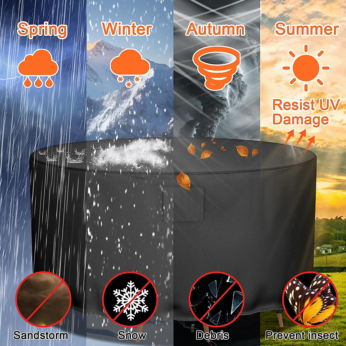 Falflor Round Patio Furniture Cover 600D Oxford Outdoor Round Table and Chair Cover Waterproof Round Table Cover Windproof Anti-UV Garden Furniture Cover 84''D x 28''H