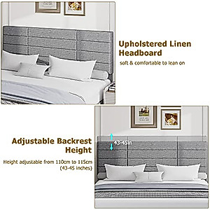 Sunrise Coast Bed Frame King Size Upholstered Platform Beds with Headboard Linen Fabric Wood Slat Support + Iron Frame, Mattress Foundation, No Box Spring Needed, Light Grey