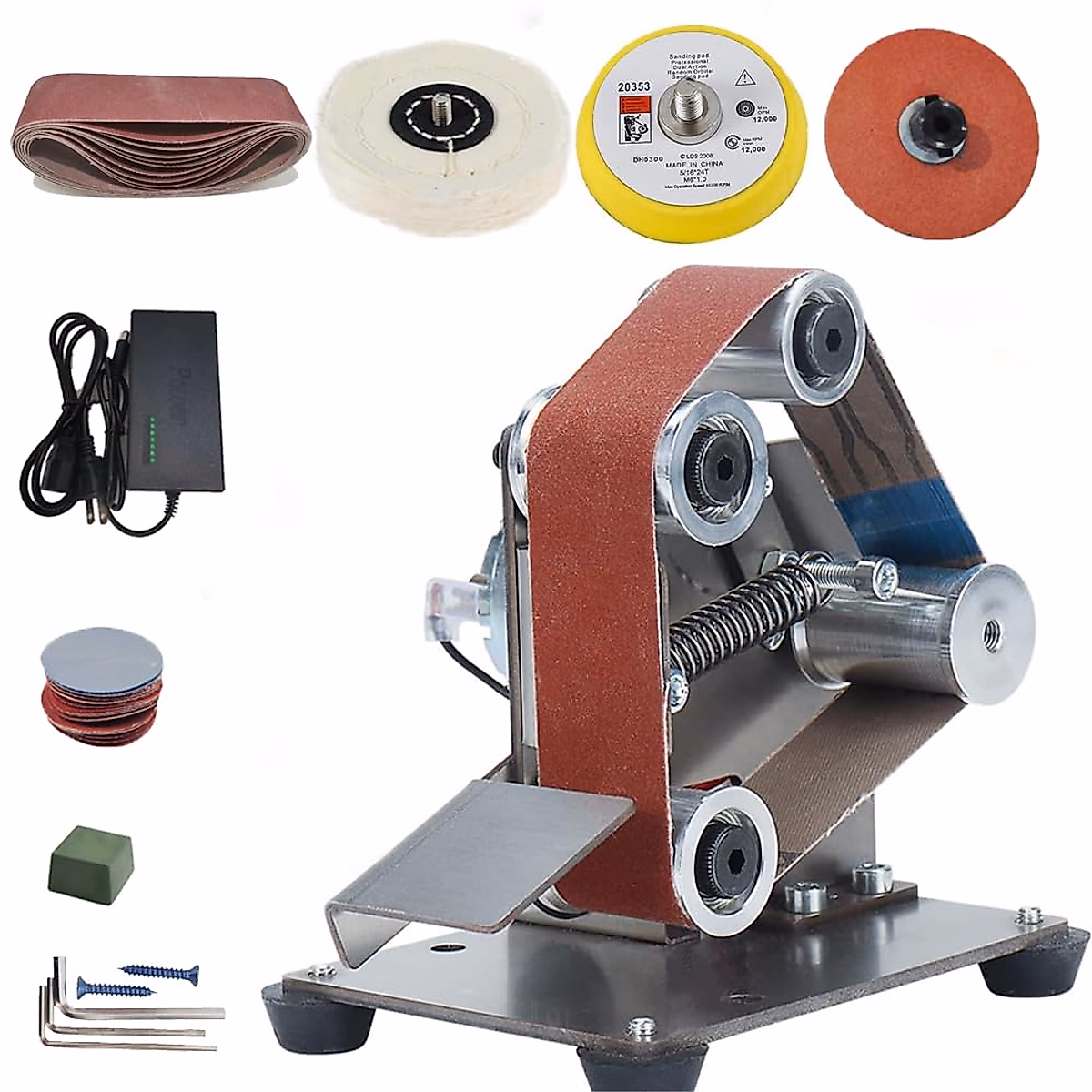 Electric Mini Belt Sander Polishing-Grinding Sharpener, 13 x 1.2inch Power 7 Adjustable Speed Multifunctional Mini Bench Belt Grinder Kit for Metal Knife Wood Polishing