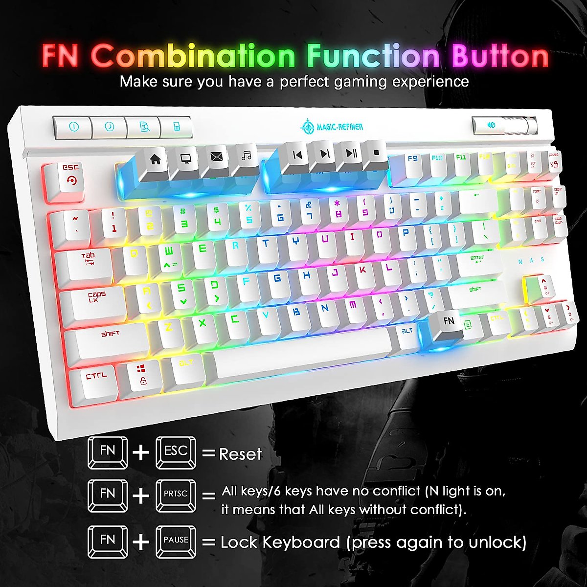 ZIYOU LANG Mechanical Gaming Keyboard,Chroma RGB 18 Kinds LED Backlit Keyboard with Wired Type C,87 Keys Anti-ghosting,Blue Switch and 4 Low Profile Switch Scroll Wheel for PC Gamers