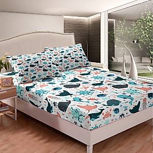 Cute Whale Bed Sheets Full Size, Kids Kawaii Cartoon Octopus Sheet Set, Jellyfish Shell Starfish Crab Fitted Sheet For Little Boys Girls, Ocean Beach Sea Animals Bedding Set With Kawaii Flat Sheet