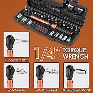 1/4 Inch Drive Click Torque Wrench, 27 PCS Bike Torque Wrench Set Double Scale (1-25Nm/8.9-221.3lb.in), 0.1Nm High Precision with Bit Sockets, 3/8 Adapter, Extension Bar, for Bicycle Maintenance
