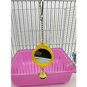 Hypeety Pet Bird Mirror with Bell Interactive Treat Puzzle Parrot Toy Bird Cage Mirror Small Bird Swing Chew Toys Fun Cage Accessories (Color Random) (Round Shape)