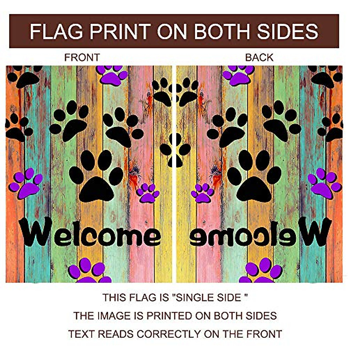 JAWO Welcome Garden Flag Colorful Dog Paws Decor, Rustic Wooden Wall Design House Flags Yard Banner, Mini Garden Flags Single Side 12x18 Inches