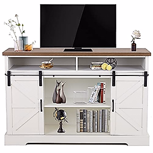 MFSTUDIO Farmhouse Coffee Bar Cabinet, 52" Sideboard Buffet Storage Cabinet TV Stand with Sliding Barn Door for Kitchen Dining Room Living Room, Ivory