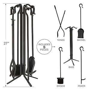 UniFlame, F-11140, 5-Piece Wrought Iron Fireplace Tools Set, Black